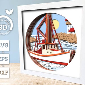 3D Boat Shadow Box SVG With Lighthouse Nautical Layered Design for ...