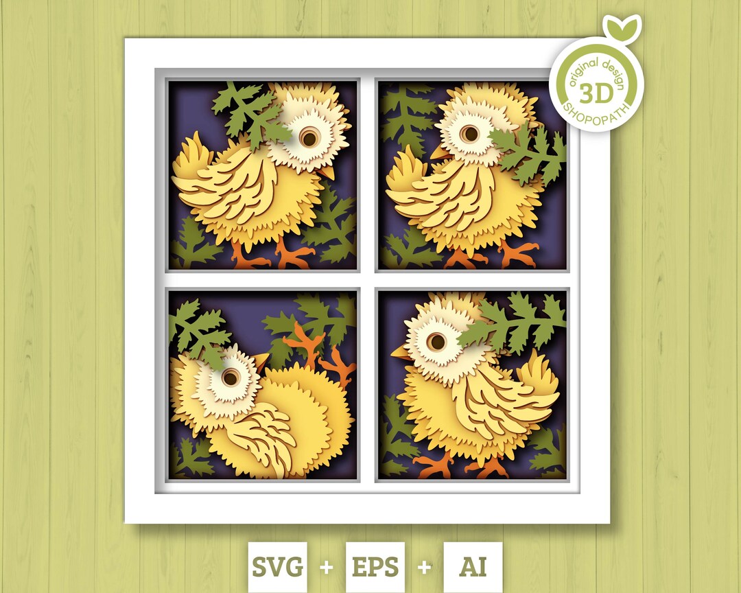 3D SVG Baby Chicks Shadow Box With Spring Leaves Layered Cutting Files ...
