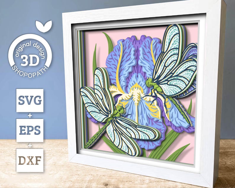 Dragonflies With Iris Flower - 3D Shadow Box Layered SVG DXF EPS ...