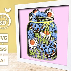 3D Butterfly in Jar Shadow Box SVG, Layered Wild Flowers SVG, Spring ...
