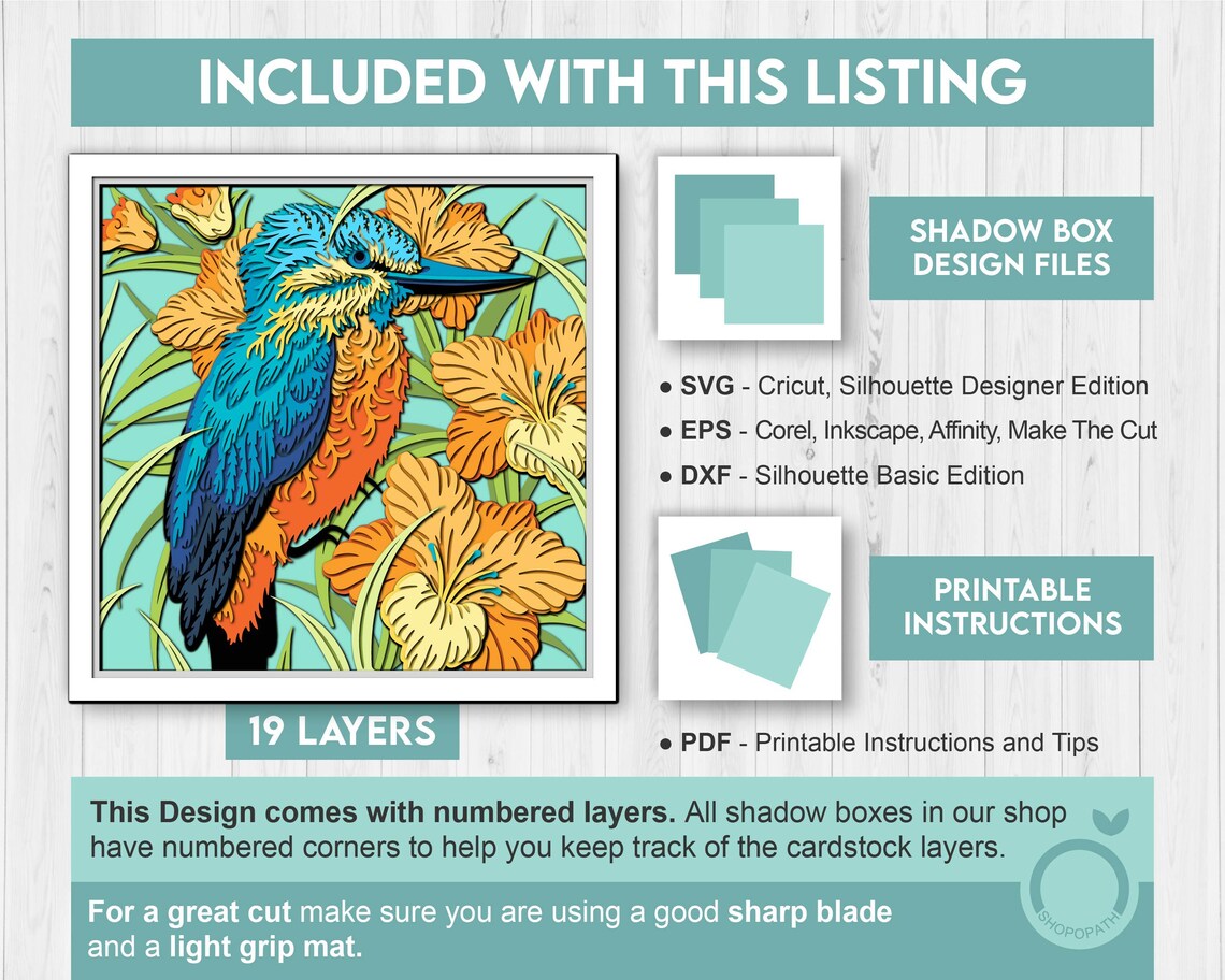 Kingfisher Bird Shadow Box 3D SVG With Gladiolus Flowers, Nature ...