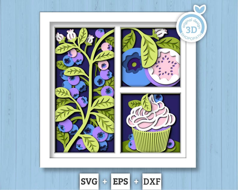 Blueberry Fruit With Cupcake Panels - 3D Shadow Box Layered SVG DXF EPS ...