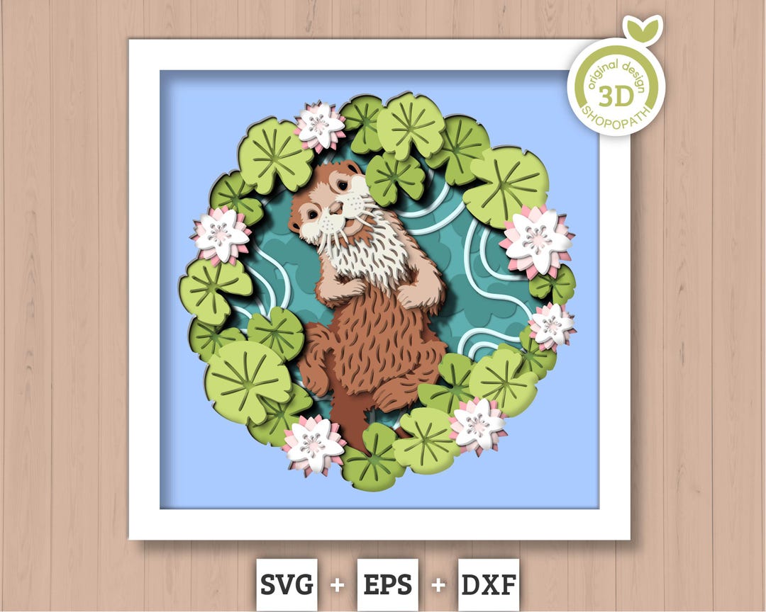 3D Otter on Lily Flower Pond Shadow Box SVG, 3D Summer SVG, 3D Otter ...