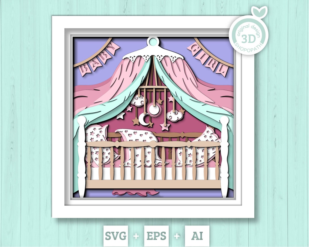 3D Baby Girl Crib Shadow Box SVG, Cute Baby 3d Svg, Baby Shower Decor ...