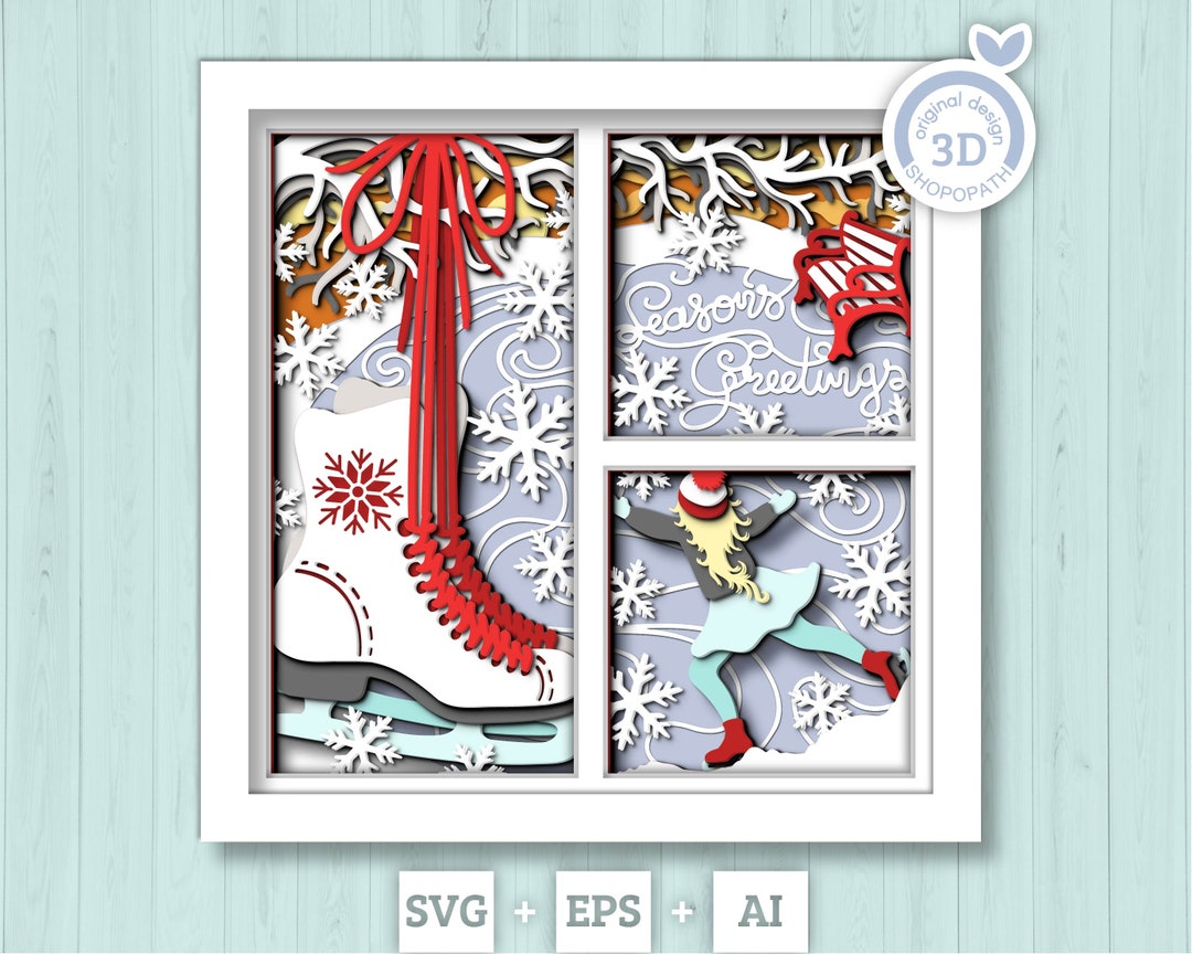 3D SVG Ice Skating Shadow Box, Layered Winter Shadow Box Svg ...