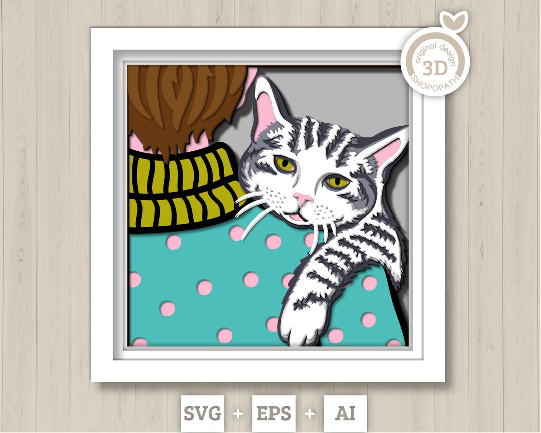 3D SVG Man With Cat Shadow Box, Tabby Cat Layered SVG, Pet Memorial ...