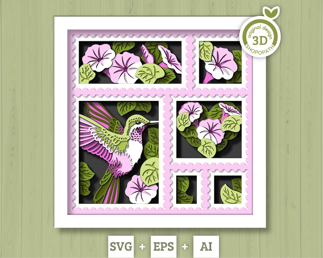 3D SVG Hummingbird With Morning Glory Flowers Shadow Box, 3D Summer SVG ...