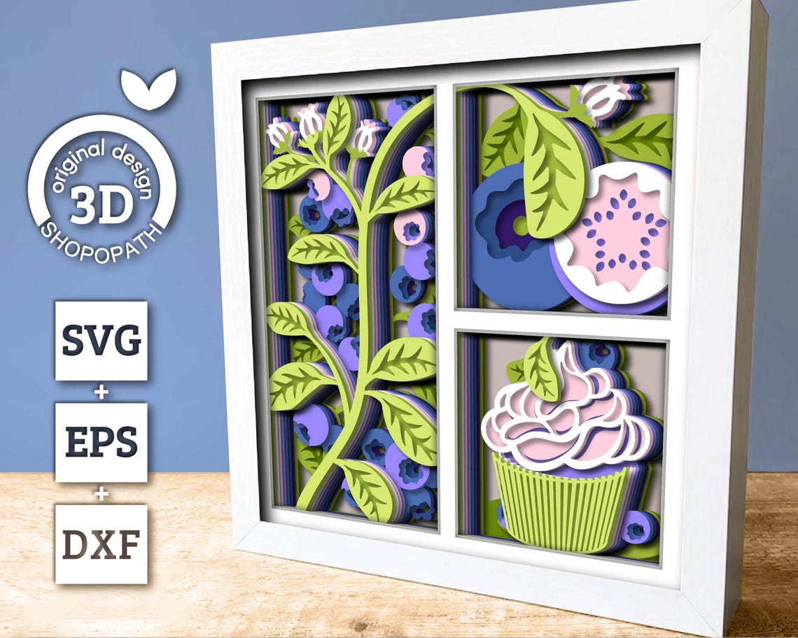 Blueberry Fruit With Cupcake Panels - 3D Shadow Box Layered SVG DXF EPS ...