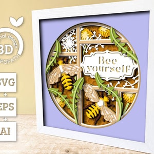3D Bee Shadow Box SVG Layered Dandelions SVG, Spring Shadow Box, Honey Bee 3D Svg, Leaves and ...