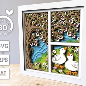 3D SVG Spring Shadow Box, Blossom Tree Shadow Box, Ducks 3D Svg, Cherry ...
