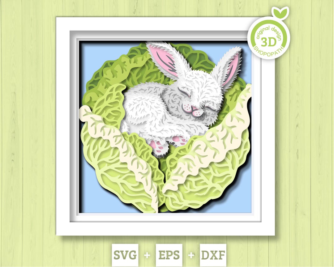 3D SVG Bunny Sleeping in Cabbage Shadow Box, 3D Svg Bunny, Spring ...
