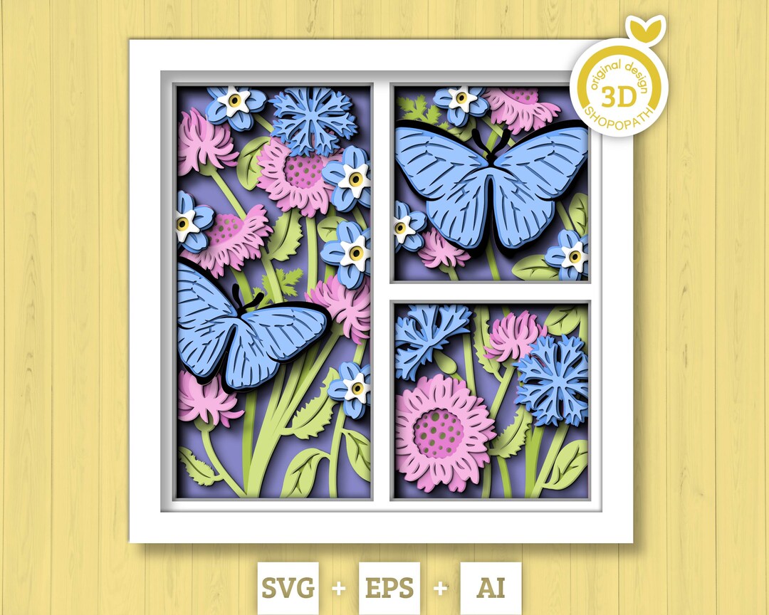 3D Butterfly Shadow Box SVG, Layered Wild Flowers SVG, Spring Shadow ...