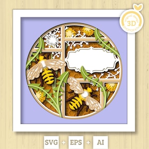 3D Bee Shadow Box SVG Layered Dandelions SVG, Spring Shadow Box, Honey Bee 3D Svg, Leaves and ...