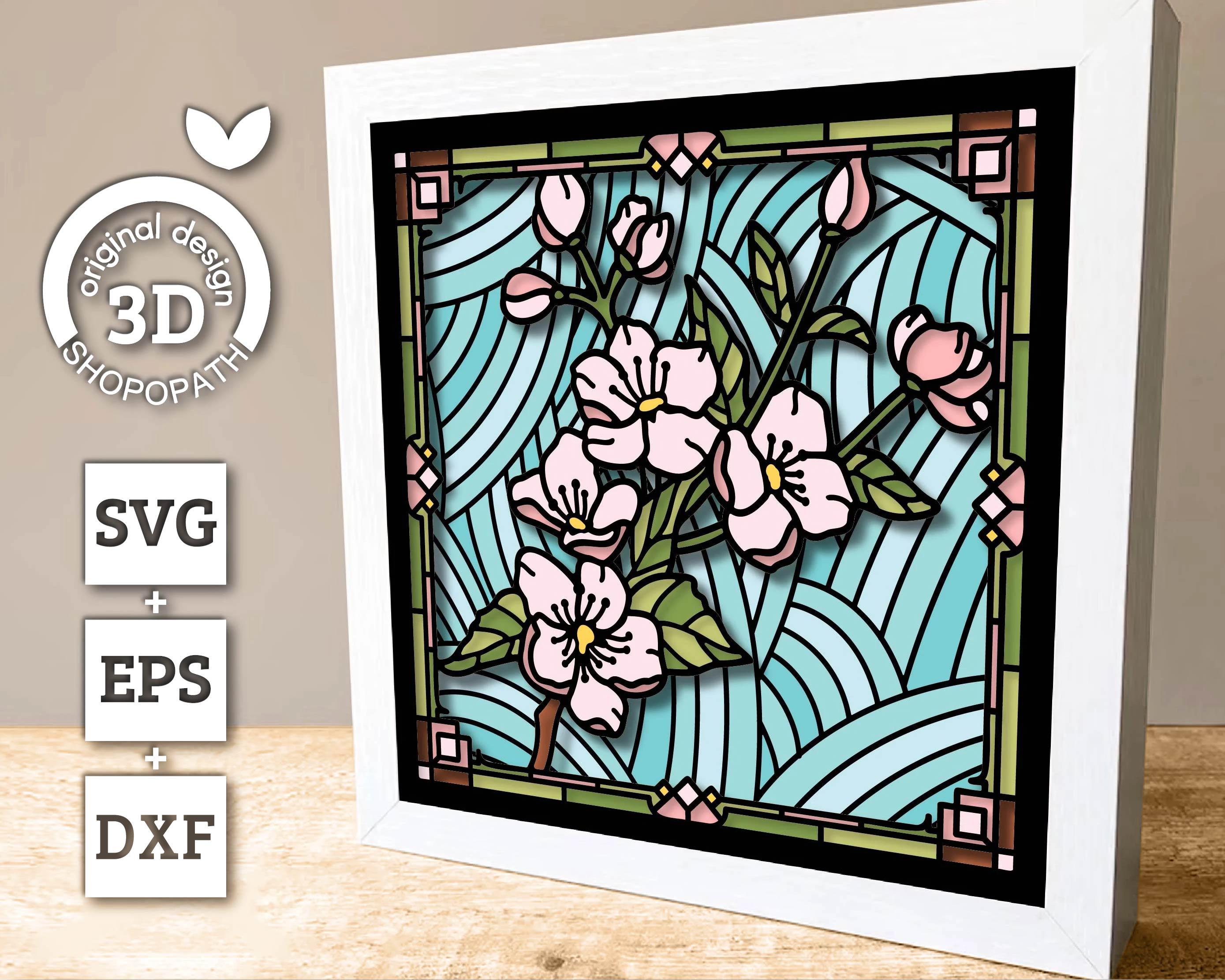 Cherry Blossom Flowers Stained Glass - 3D Shadow Box Layered SVG DXF ...
