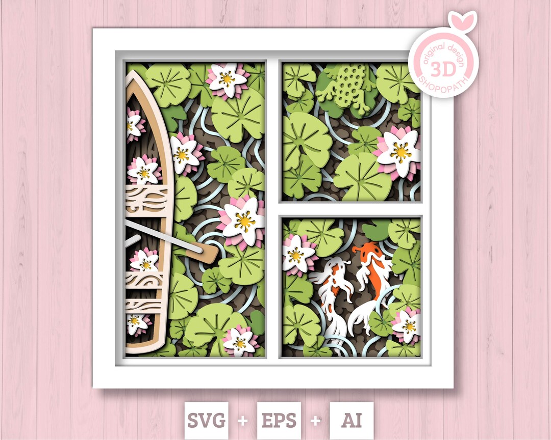 3D Layered Koi Pond Shadow Box Svg Spring Flowers 3D SVG, Water Lily ...