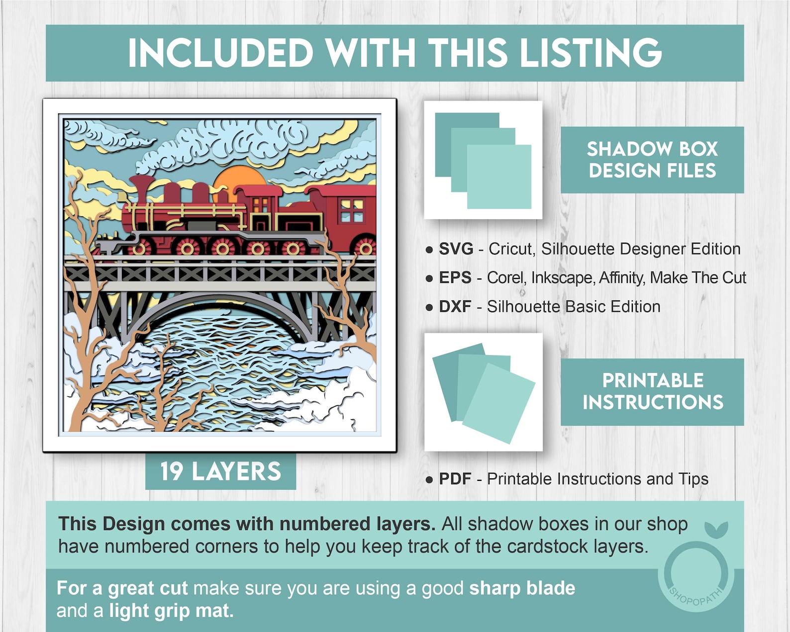 Winter Train on Bridge - 3D Shadow Box Layered SVG DXF EPS (cutting ...