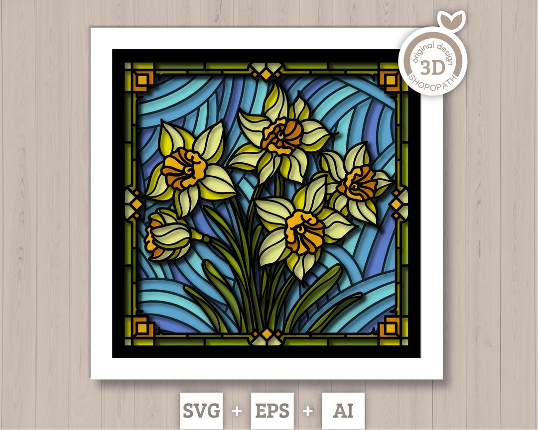 3D SVG Stained Glass Narcissus Flowers Shadow Box, 3D Flowers Svg, 3D ...