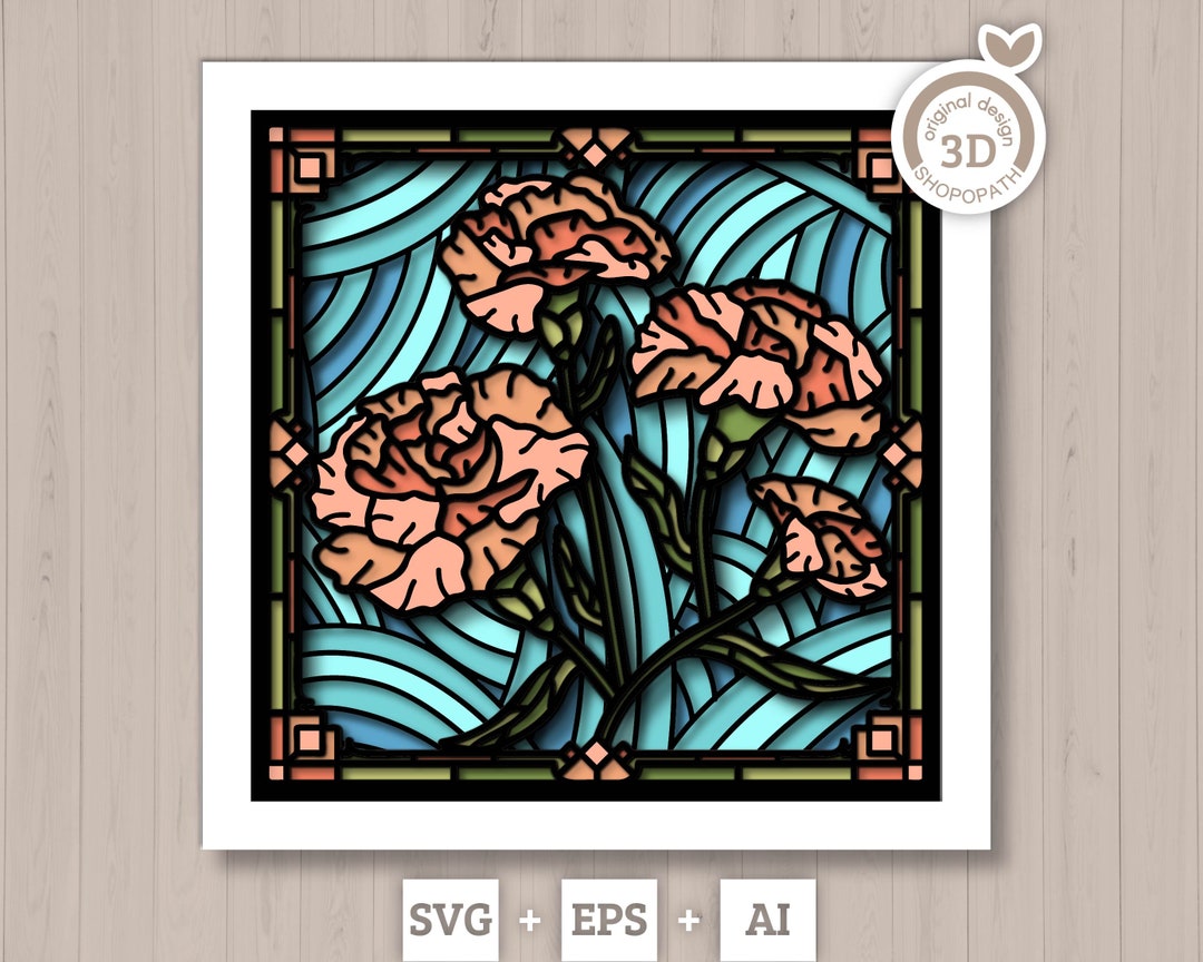 3D SVG Stained Glass Carnation Flowers Shadow Box, 3D Flowers Svg, 3D ...