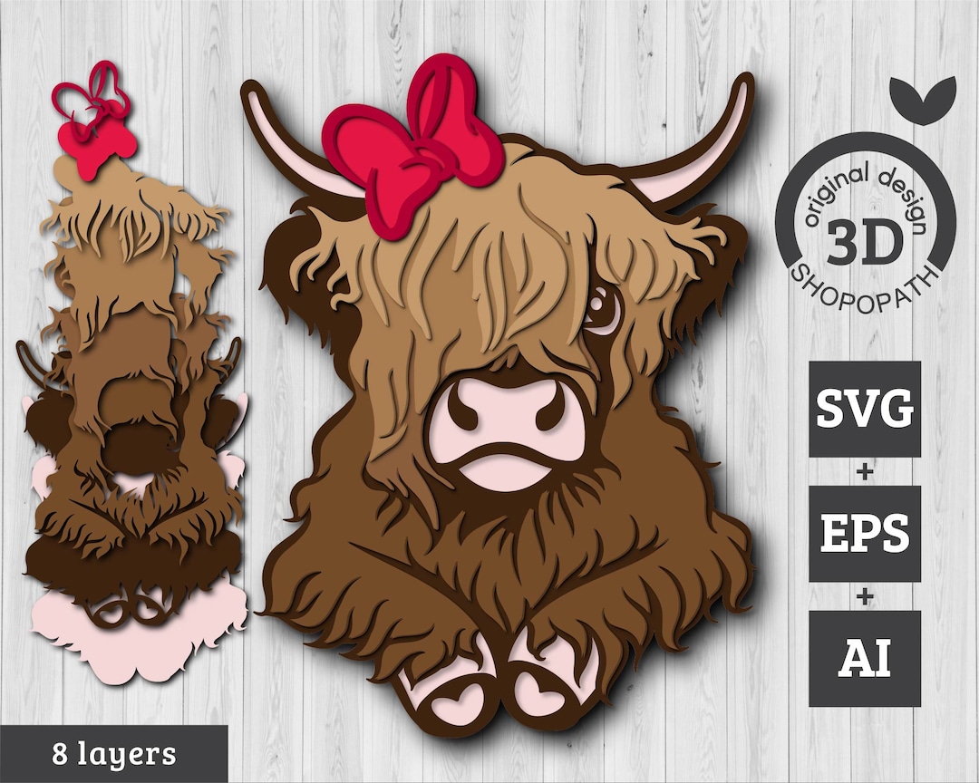 3D Layered Highland Cow Bow SVG EPS, Layered Cow Svg, Layered Papercut ...