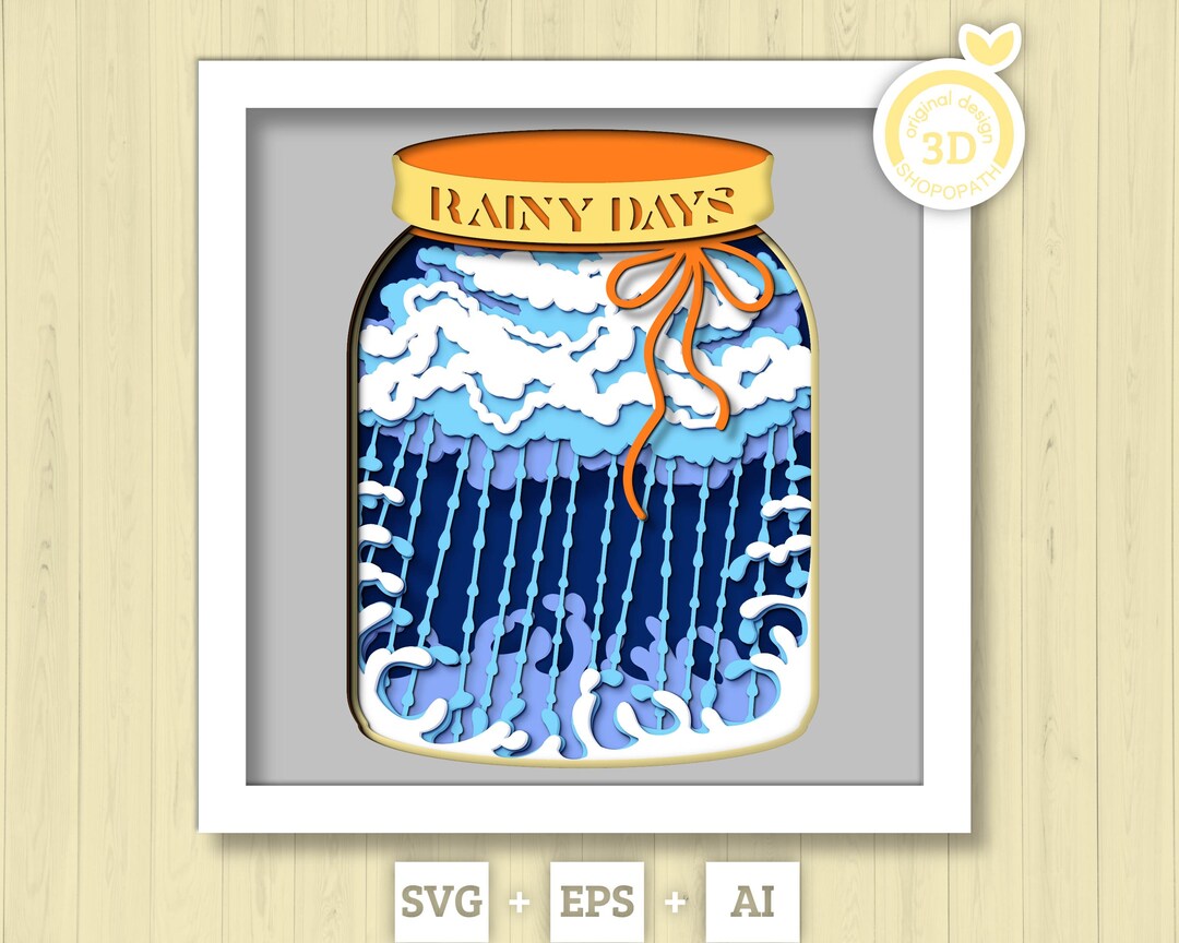 3D Rain in A Jar Shadow Box SVG, 3D Layered Clouds SVG, Layered ...