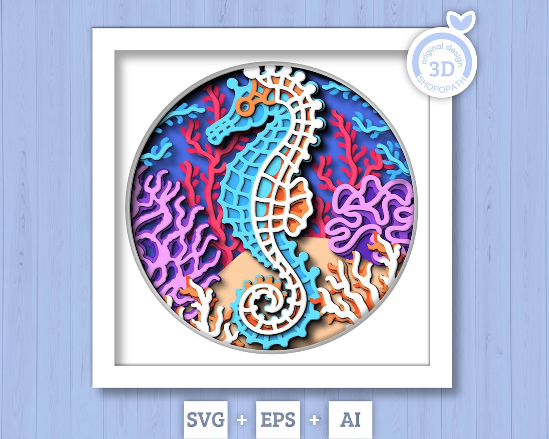 3D Sea Shadow Box SVG, 3D Seahorse Shadow Box, 3D Seahorse SVG, Coral ...