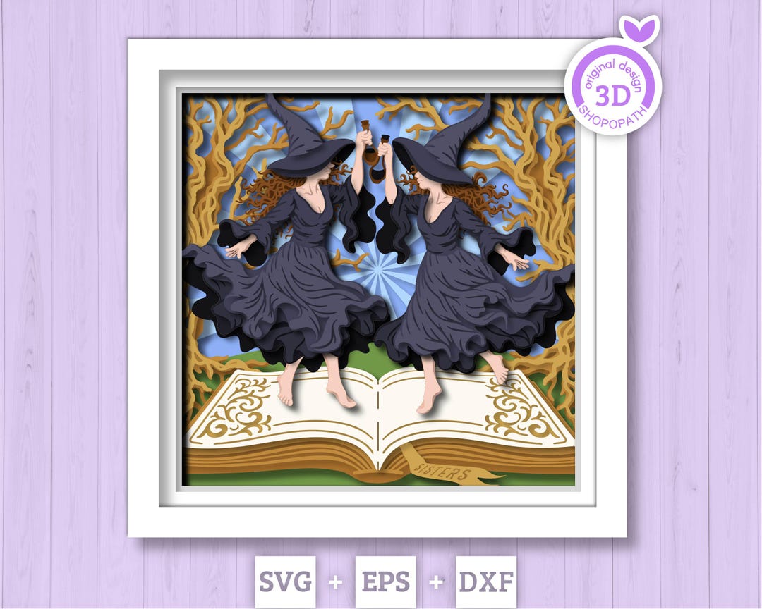 Witch Sisters Shadow Box 3D SVG With Potion Bottles on Spell Book for ...