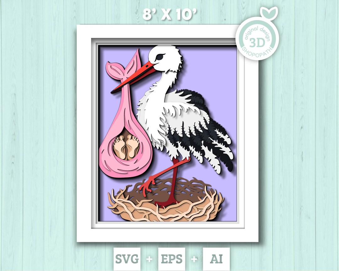 3D Baby Delivery Stork Shadow Box SVG, 8x10 Inch Layered Stork 3d Svg ...