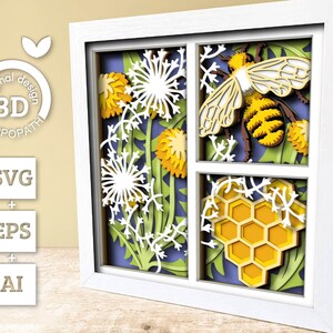 3D Bee Shadow Box SVG Layered Dandelions SVG, Spring Shadow Box, Honey Bee 3D Svg, Honey Comb 3d ...