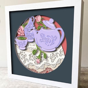 3D Tea Party SVG EPS, Shadow Box, Layered Cardstock Tea Pot With Roses ...