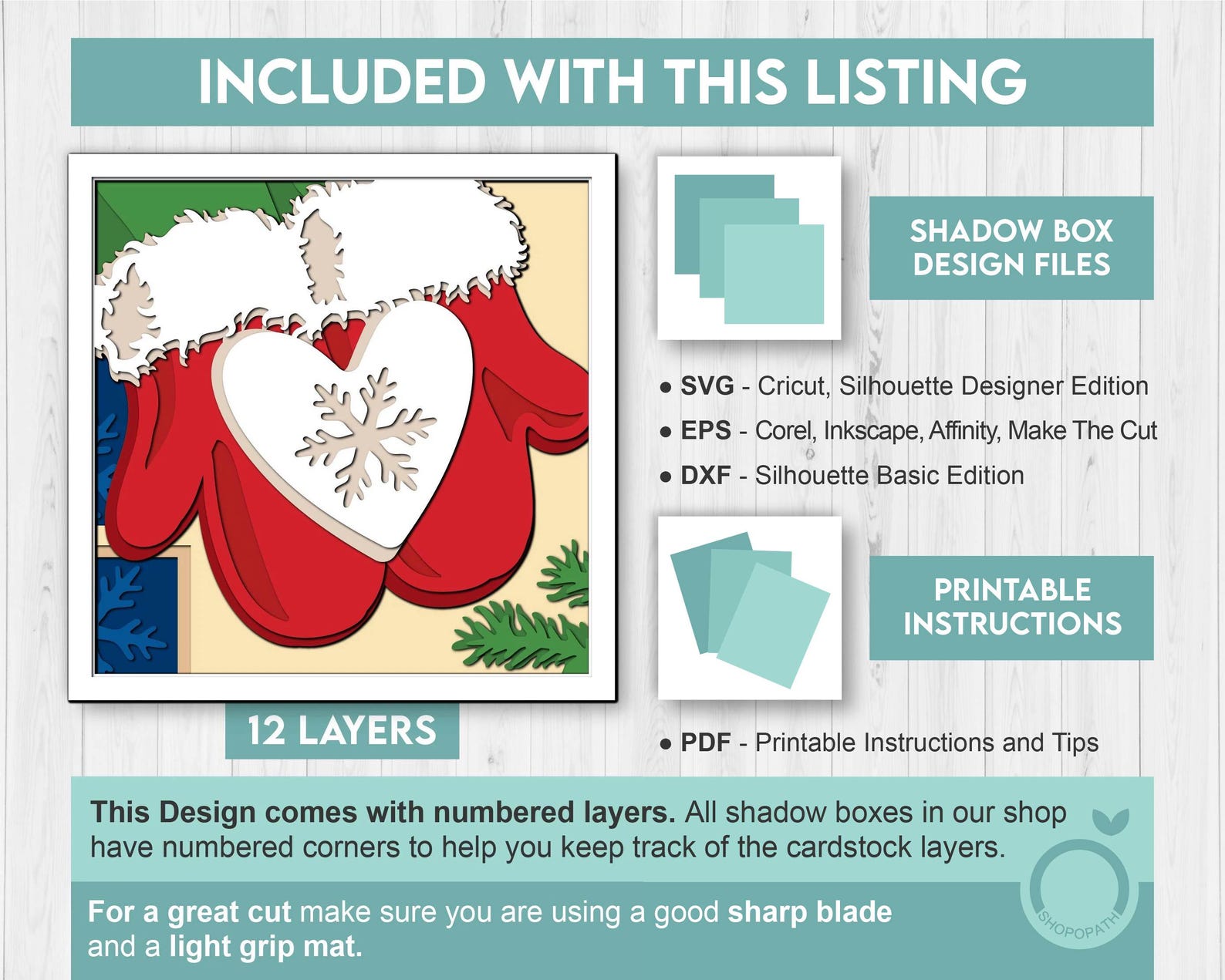 Christmas Mittens With Snowflake Heart - 3D Shadow Box Layered SVG DXF ...