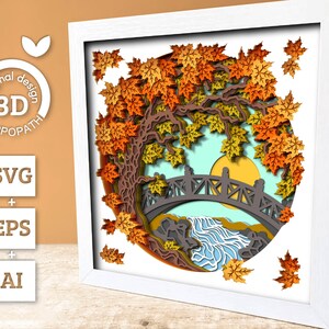 3D SVG Autumn Tree Over a Stream Shadow Box, Autumn 3D SVG, Leaves 3D ...