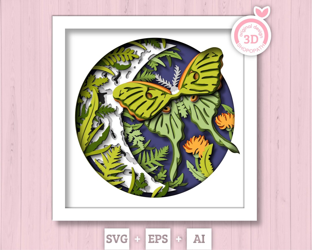 3D Luna Moth Butterfly Shadow Box SVG, 3D Summer SVG, 3D Moon Svg, 3d ...