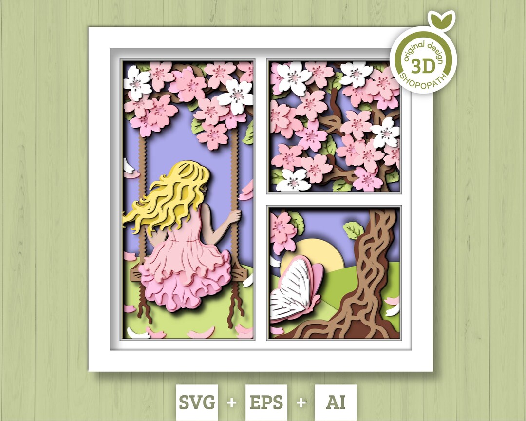 3D Girl on Swing Under Blossom Tree Shadow Box SVG, 3D Spring SVG, 3D ...