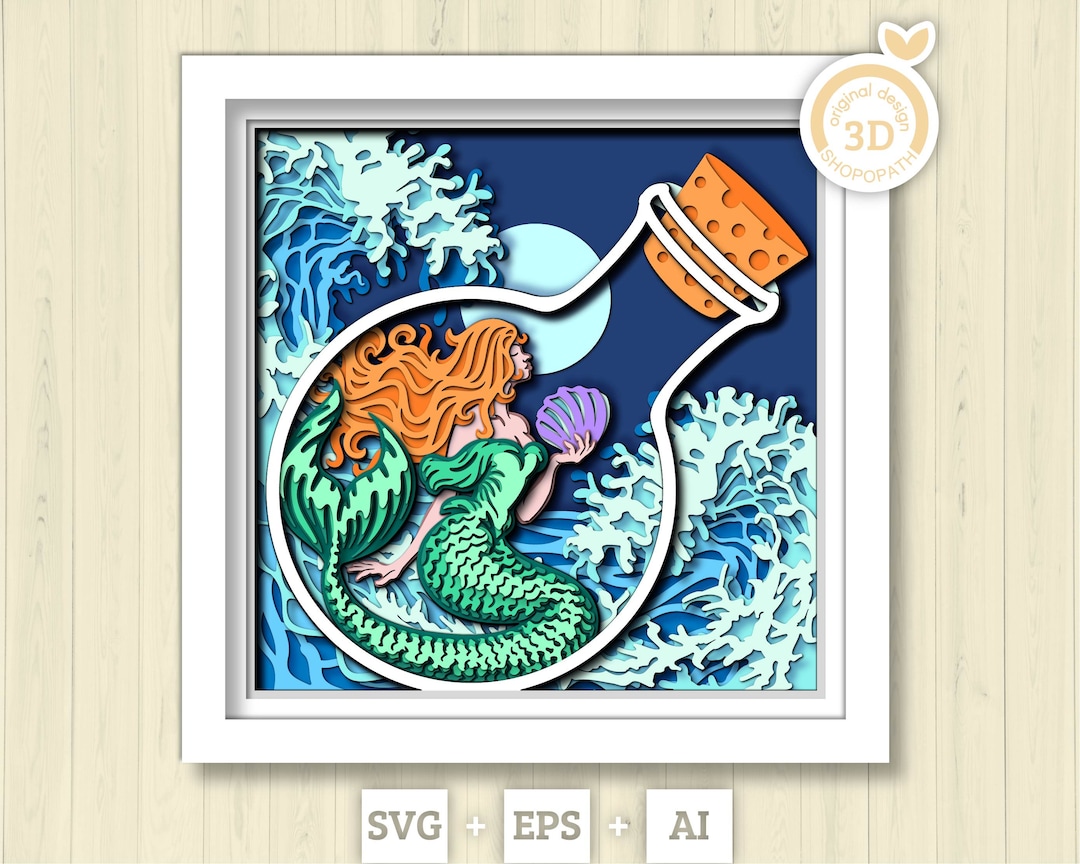 3D SVG Mermaid in Bottle Shadow Box, Mermaid 3D Svg, Waves 3d Svg, Sea ...