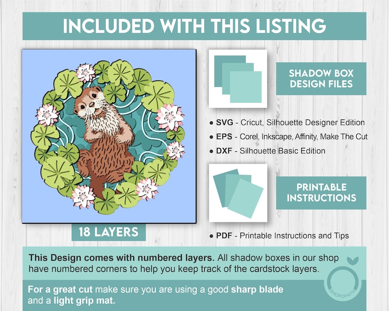 3D Otter on Lily Flower Pond Shadow Box SVG, 3D Summer SVG, 3D Otter ...