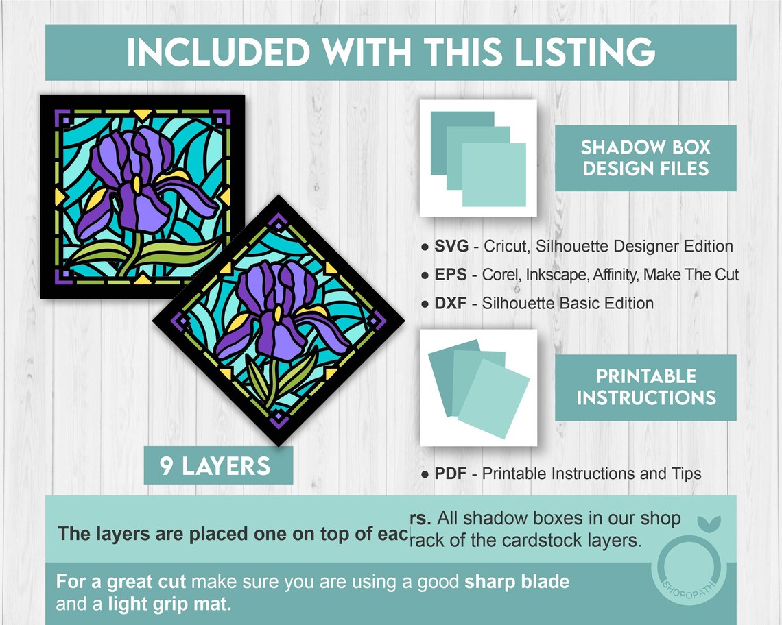 Iris Flowers Stained Glass Mini - 3D Shadow Box Layered SVG DXF EPS ...
