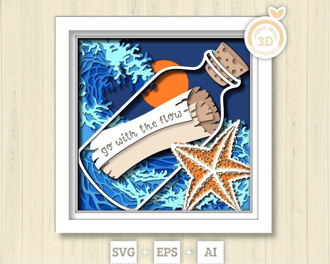 3D SVG Paper Scroll in Bottle Shadow Box, Message 3D Svg, Waves 3d Svg ...