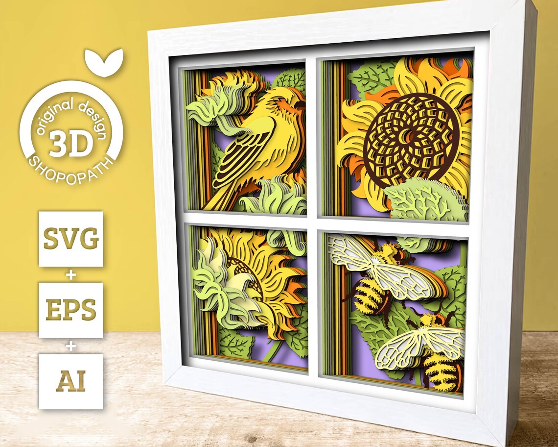 3D Layered Honey Bee and Goldfinch With Sunflowers Shadow Box SVG ...