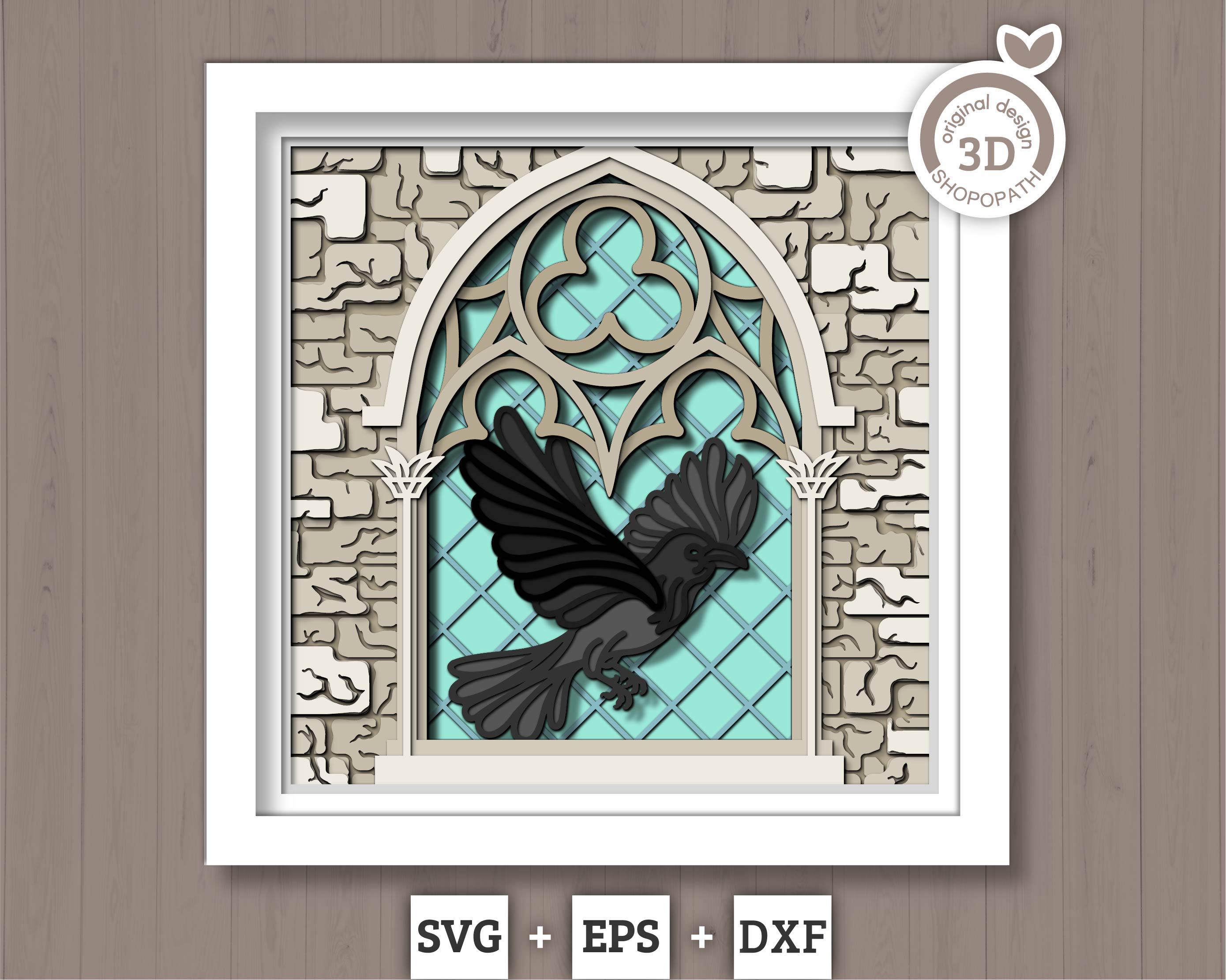 3D SVG Crow With Gothic Window Sill Shadow Box, Ivy 3D SVG, Stained ...