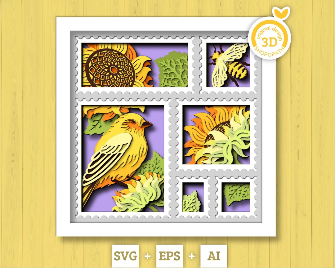 3D Layered Sunflowers With Honey Bee and Goldfinch Stamp Frame Shadow ...