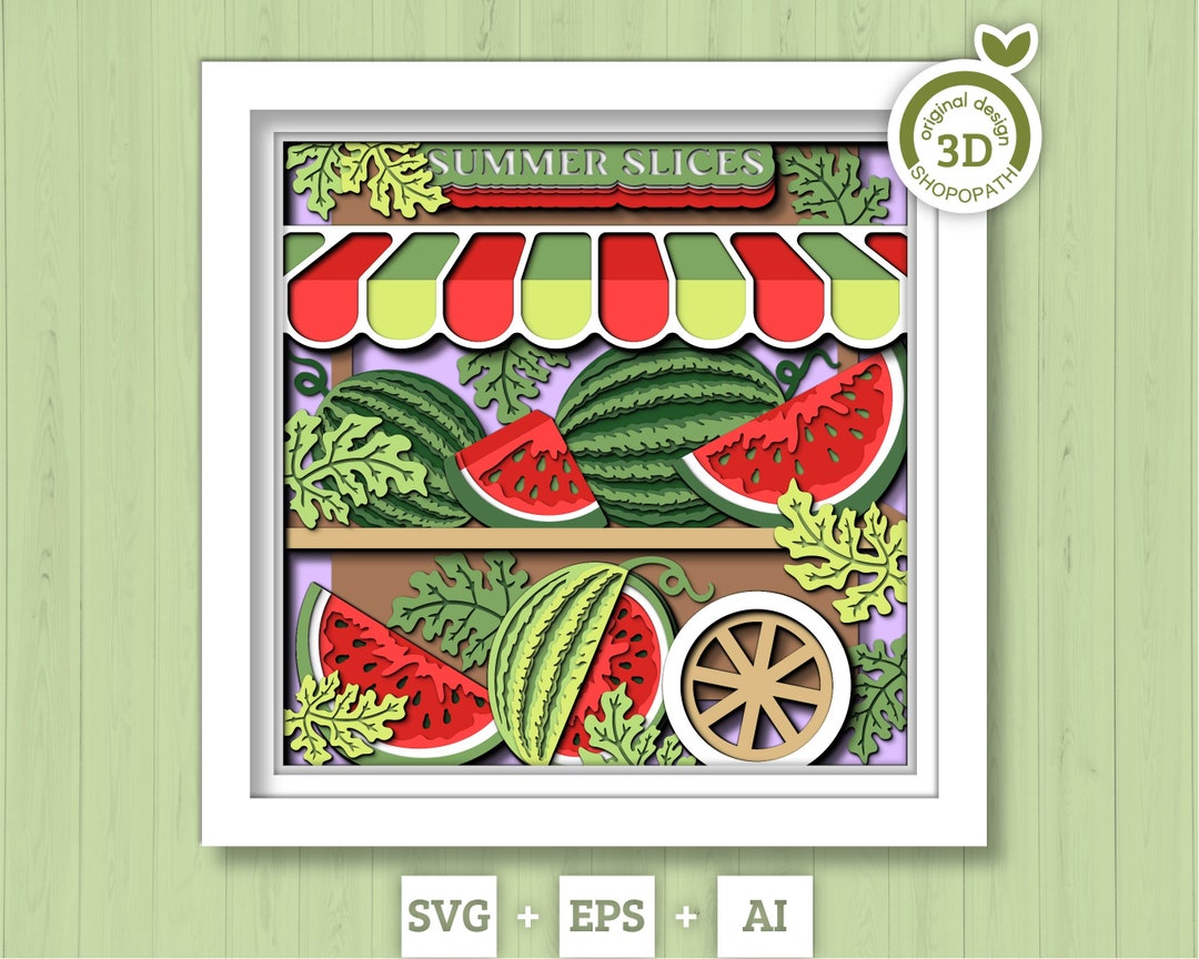 3D SVG Watermelon Stand Shadow Box SVG, Summer Shadow Box, Watermelon ...