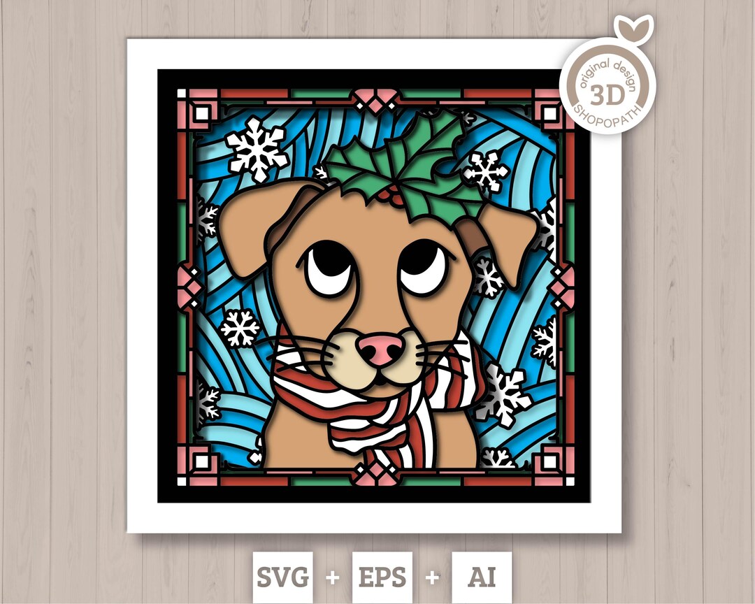 3D SVG Stained Glass Puppy With Holly Shadow Box, 3D SVG Christmas, 3D ...