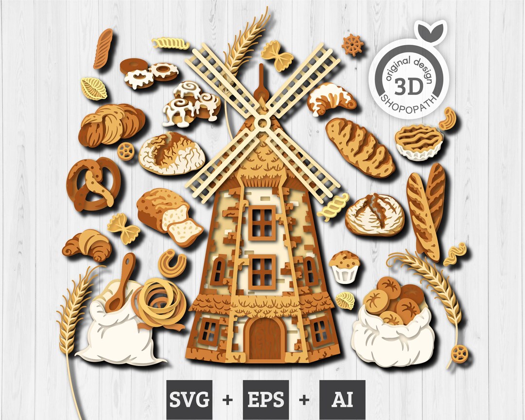 Layered Bakery 3D SVG Elements With Bread, Windmill, Pastries, Baked ...