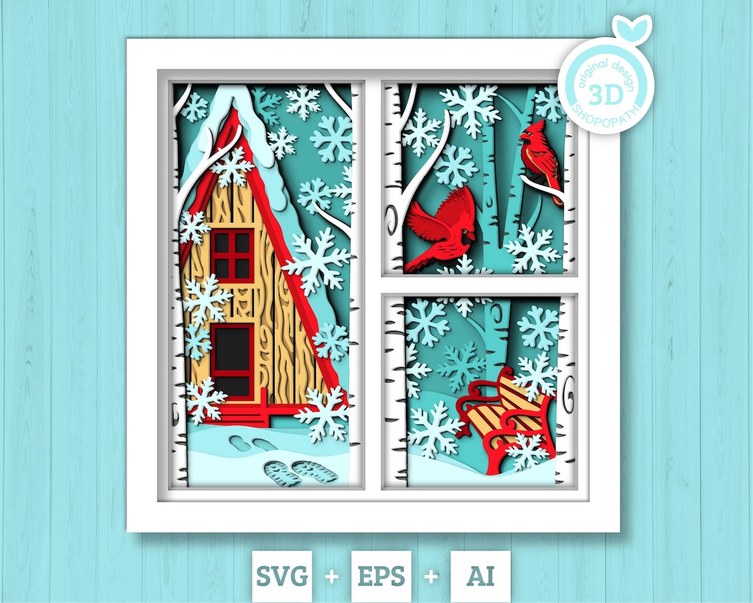 3D SVG Winter Shadow Box, Layered Cardinal Shadow Box Svg, Snowflakes ...