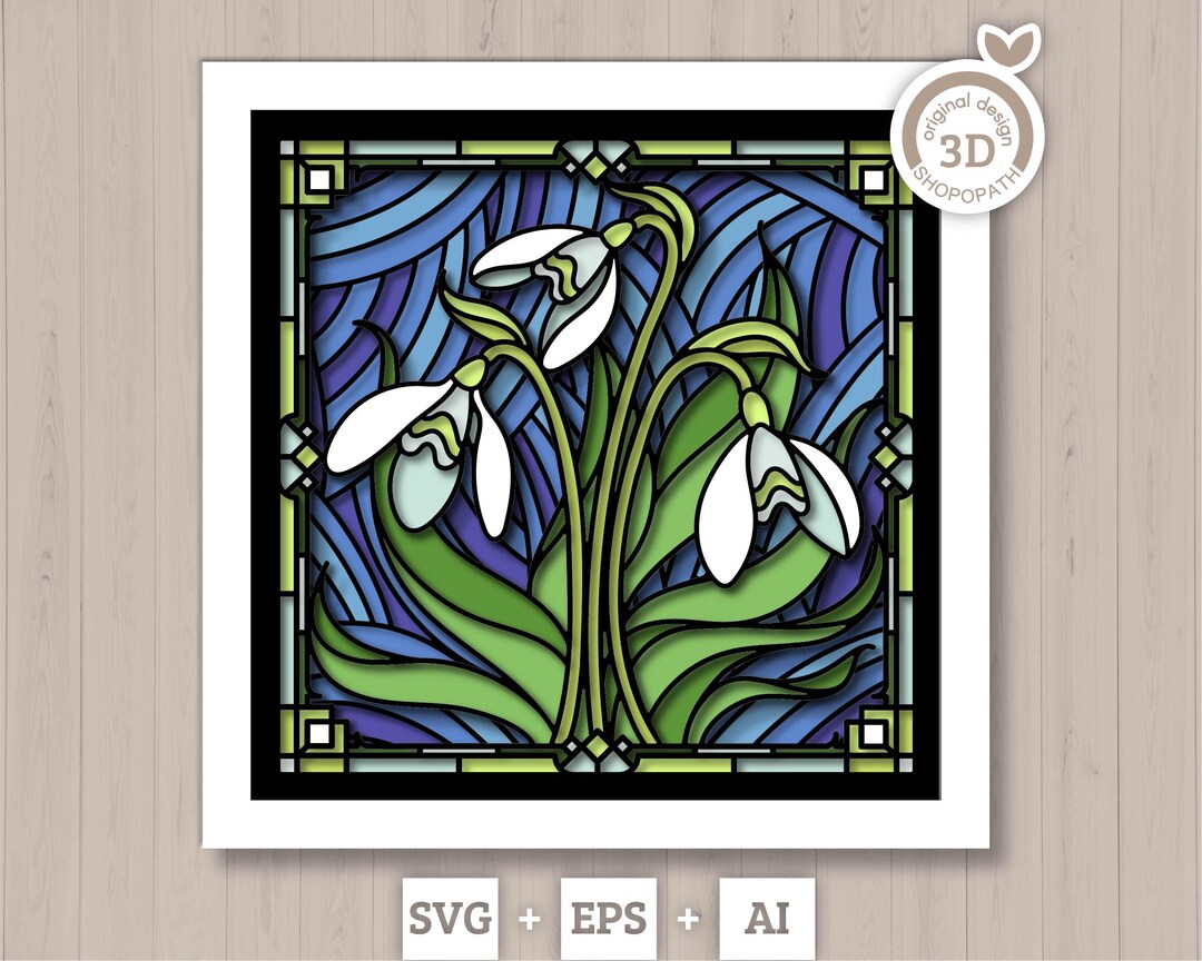 3D SVG Stained Glass Snowdrops Flowers Shadow Box, 3D Flowers Svg, 3D ...