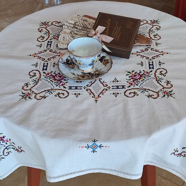Cross Stitch Linen Tablecloth - Etsy