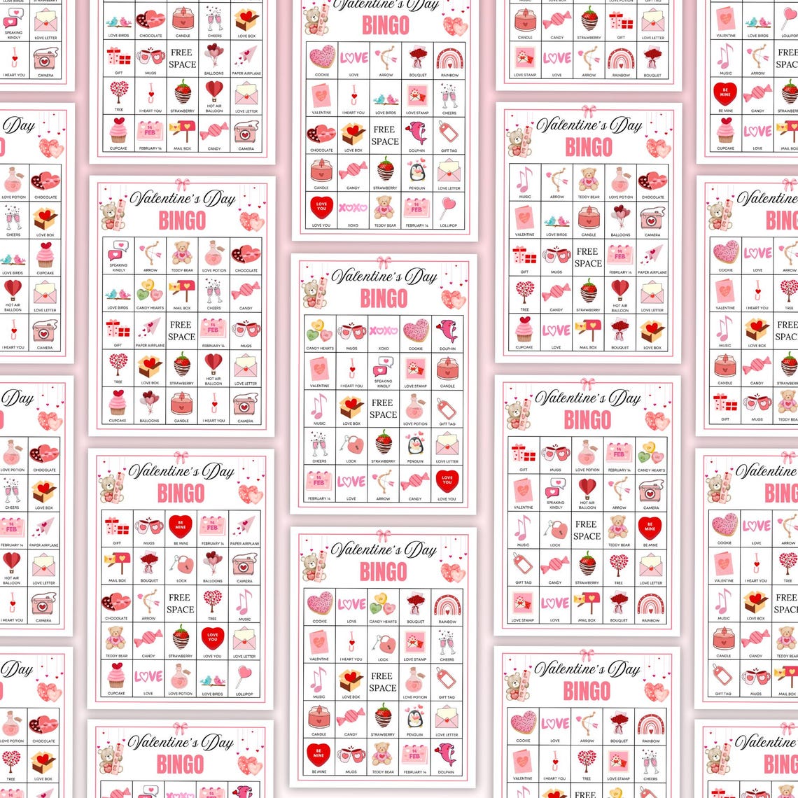 60 Valentines Bingo Game Cards Printable, Valentine's Day Bingo Cards ...