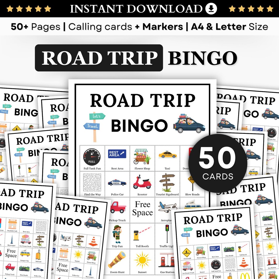 Road Trip Bingo Game Printable – 50 Travel Cards for Kids & Adults, Car ...