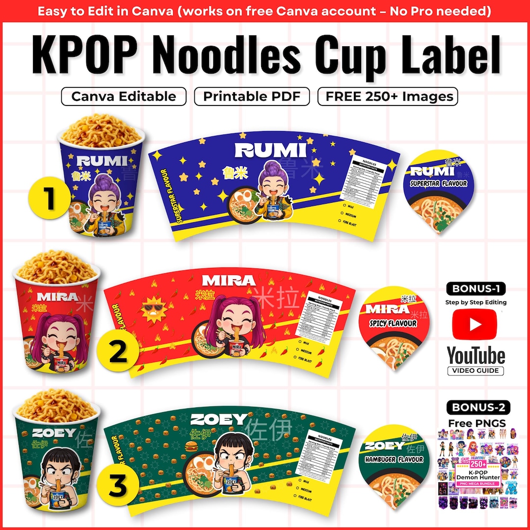 3 Kpop Demon Hunters Ramen Noodle Labels, Mira Rumi Zoey Cup Noodle ...