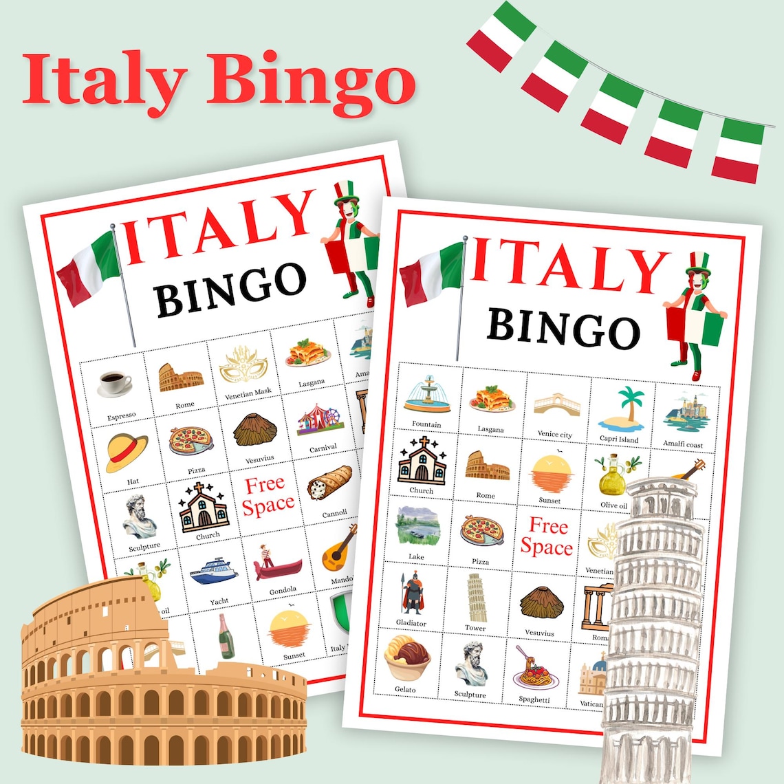 Italy Travel Bingo – 50 Italian Bingo Cards, Travel Game, Italy ...